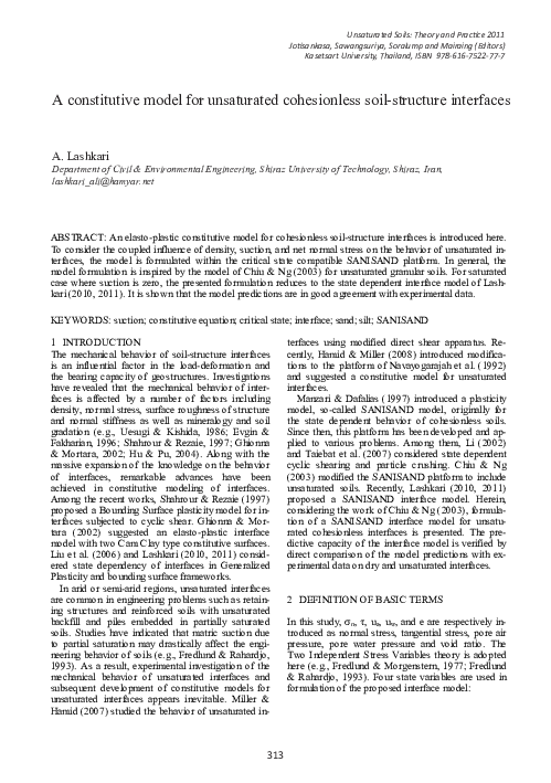 (PDF) A constitutive model for unsaturated cohesionless soil-structure ...