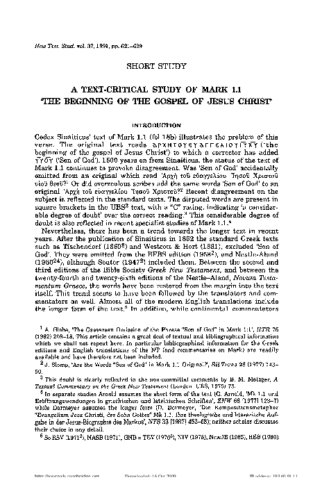 (PDF) 'A Text-Critical Study of Mark 1.1: 'The Beginning of the Gospel ...