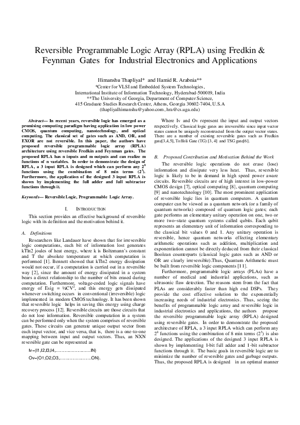 Pdf Reversible Programmable Logic Array Rpla Using Fredkin And Feynman Gates For Industrial 1534