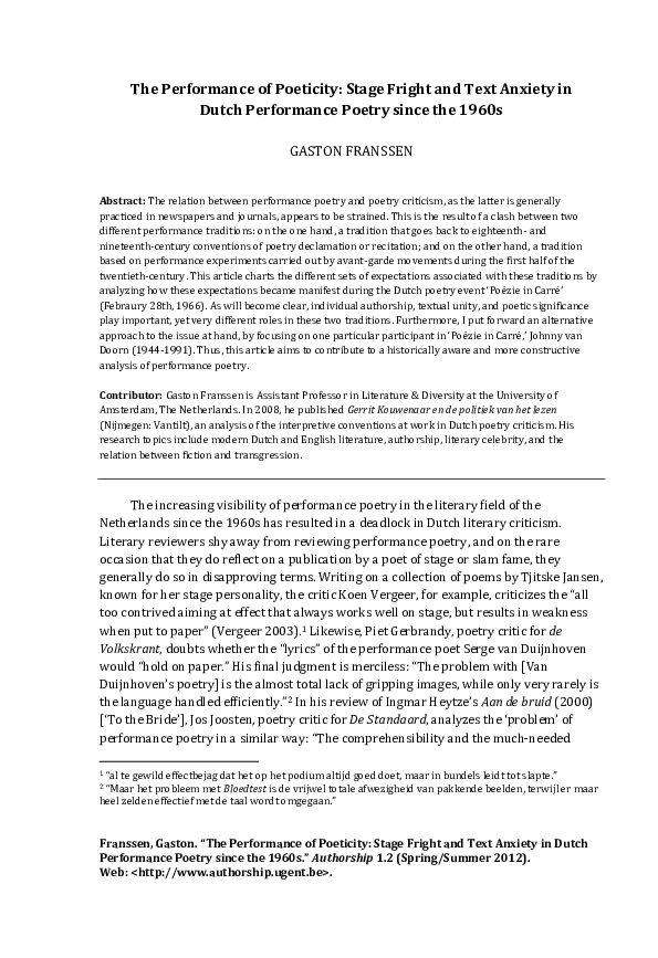 (PDF) The Performance of Poeticity: Stage Fright and Text Anxiety in ...