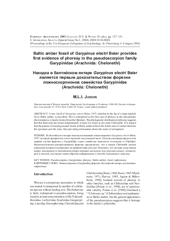 (PDF) Baltic amber fossil of Garypinus electri Beier provides first ...
