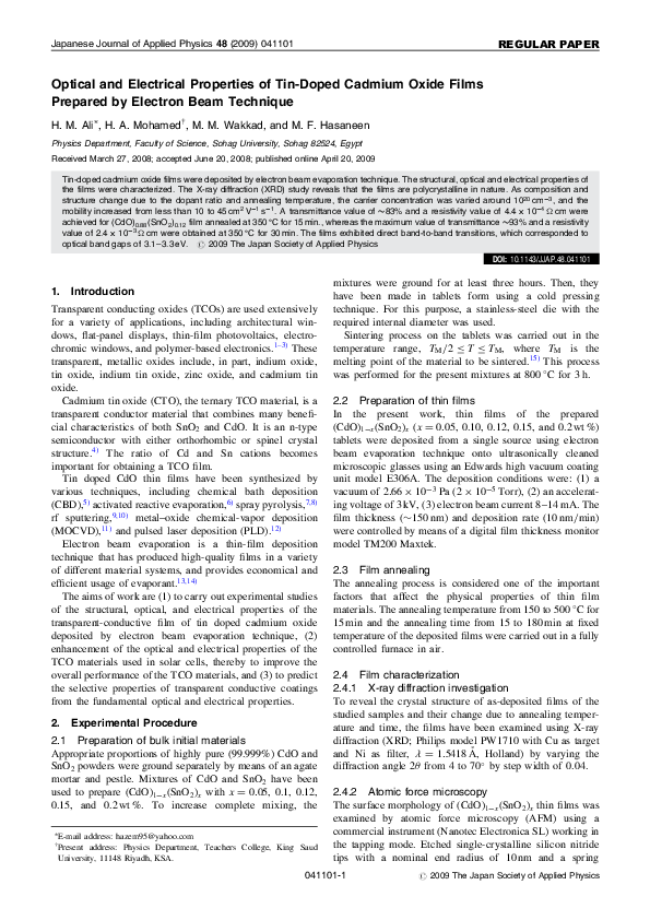(PDF) Optical and Electrical Properties of Tin-Doped Cadmium Oxide Films