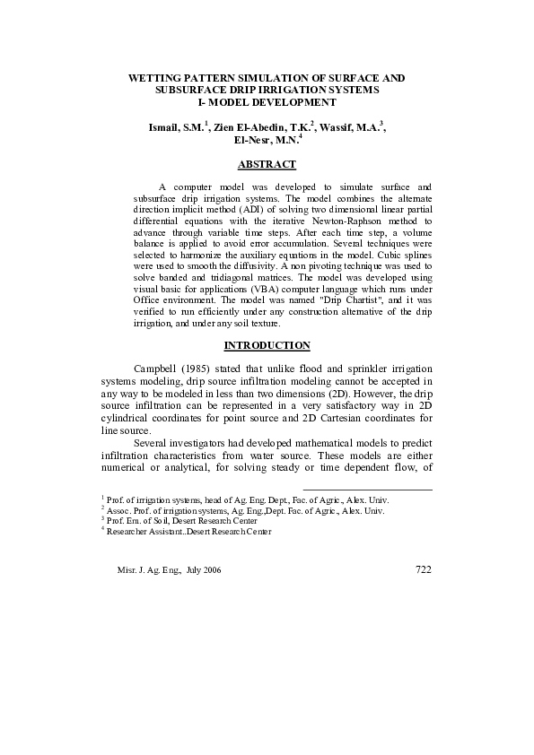 (PDF) Wetting Pattern Simulation of Surface and Subsurface Drip Irrigation Systems. I-Model ...