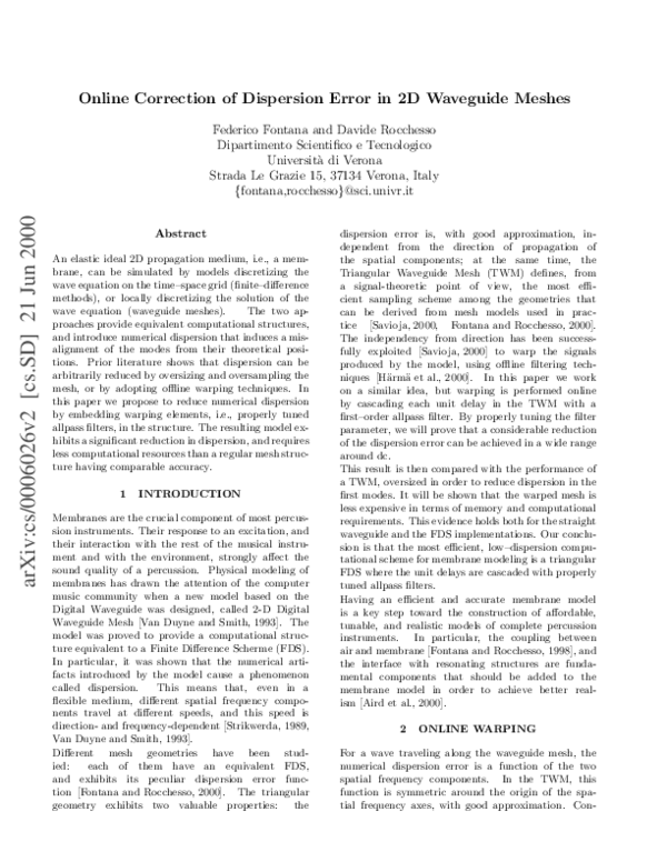 (PDF) Online correction of dispersion error in 2D waveguide meshes