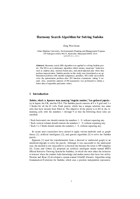 (PDF) Harmony search algorithm for solving sudoku