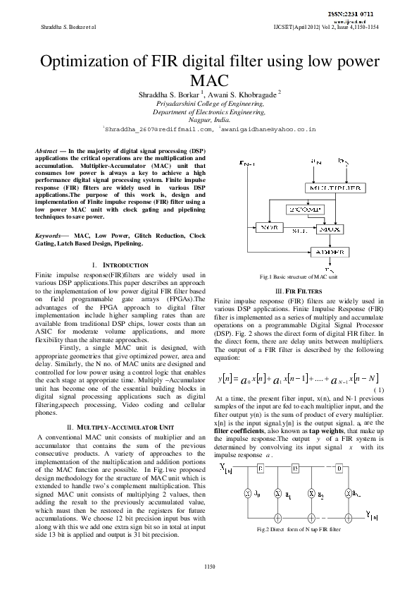 (PDF) Optimization of FIR digital filter using low power MAC