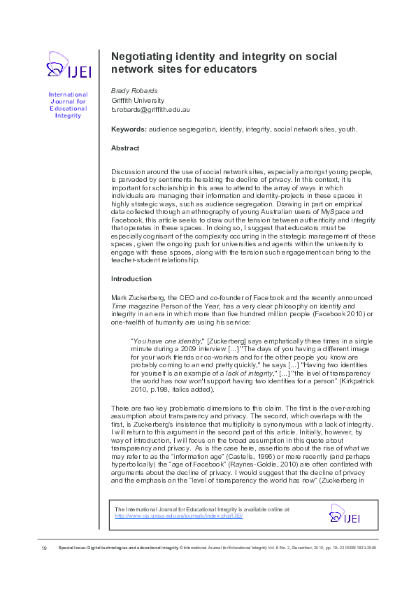 (PDF) Negotiating identity and integrity on social network sites for ...