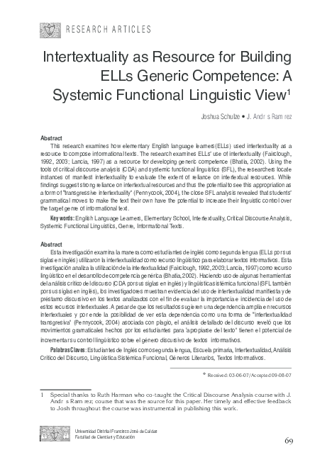 (PDF) Intertextuality as Resource for Building ELLs Generic Competence ...