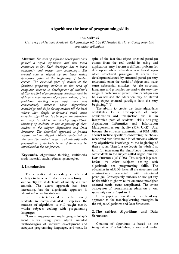 (PDF) Algorithms: The Base of Programming Skills