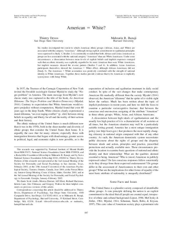(PDF) Devos, T., & Banaji, M.R. (2005). American = White? Journal of ...
