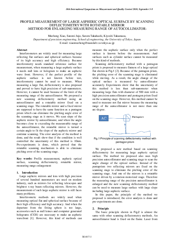 (PDF) PROFILE MEASUREMENT OF LARGE ASPHERIC OPTICAL SURFACE BY SCANNING DEFLECTOMETRY WITH ...