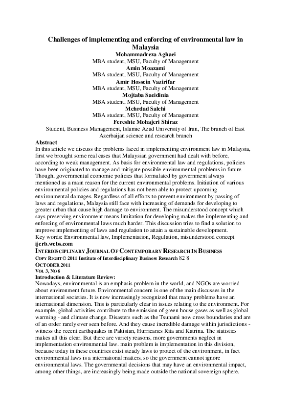 (DOC) Challenges of implementing and enforcing of environmental law in ...