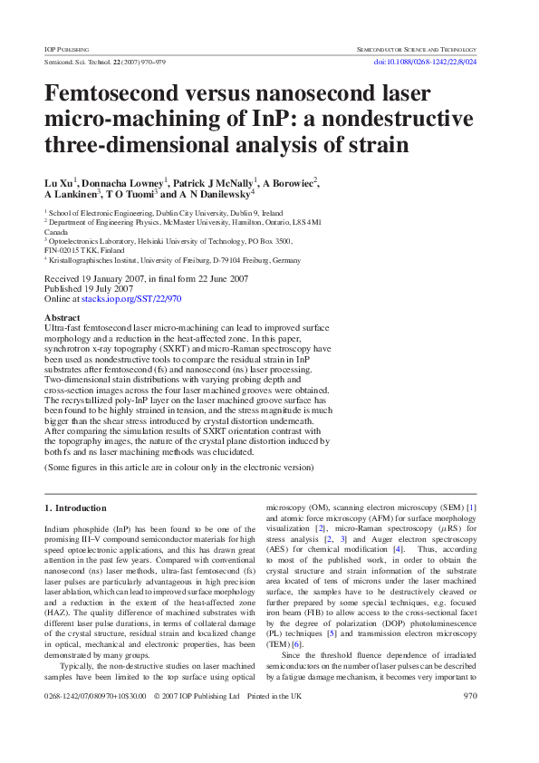(PDF) Femtosecond versus nanosecond laser micro-machining of InP: a nondestructive three ...