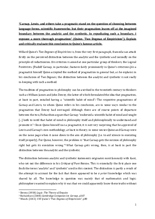 (DOC) Quine, Pragmatism, and The Analytic-Synthetic Distinction