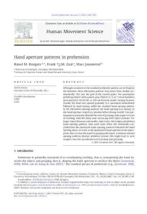 (PDF) Hand aperture patterns in prehension.