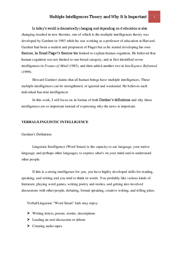 (DOC) Theory of Multiple Intelligences and Why It Is Important