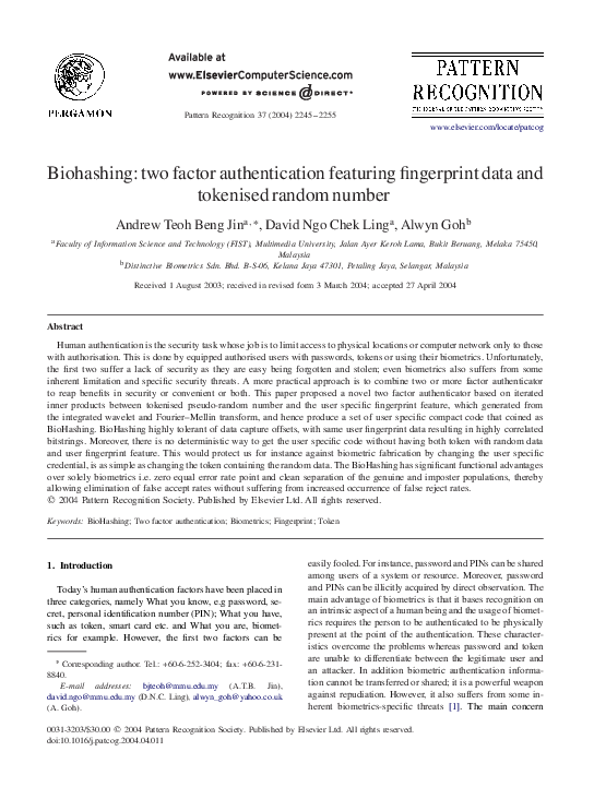 (PDF) Biohashing: two factor authentication featuring fingerprint data ...