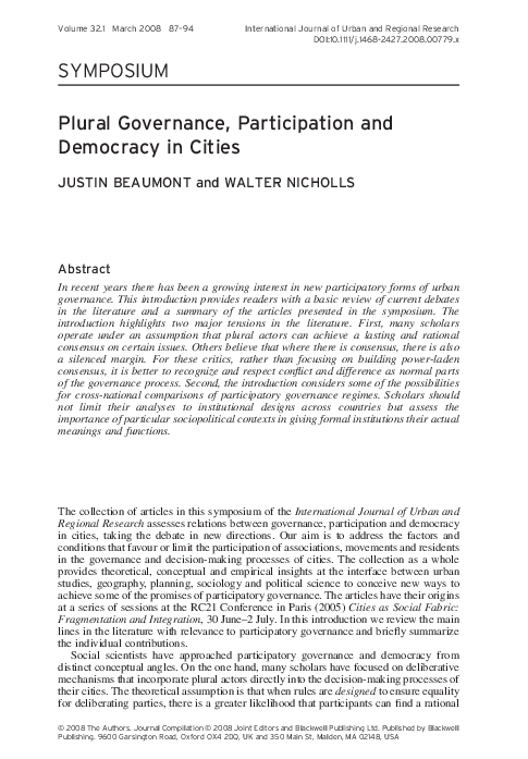 (PDF) Plural Governance, Participation and Democracy in Cities