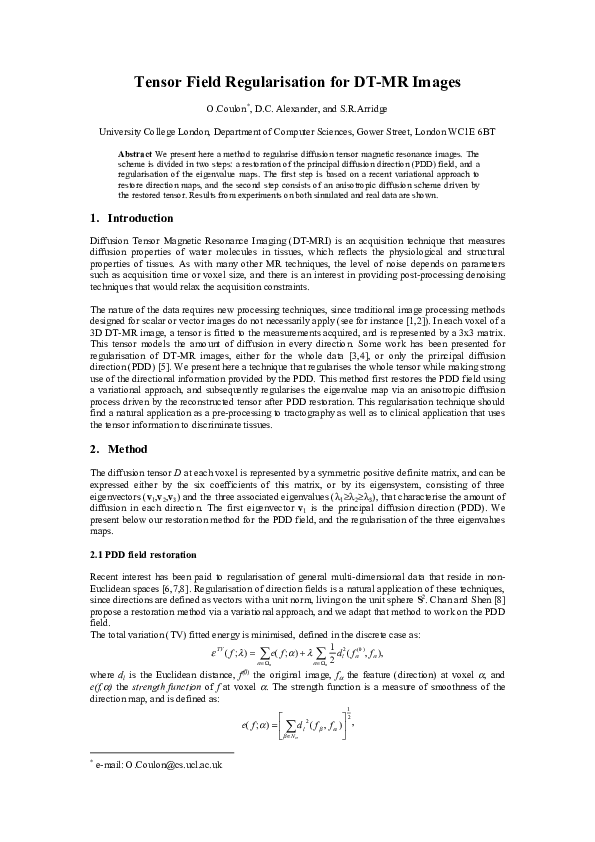 (PDF) Tensor field regularisation for dt-mr images