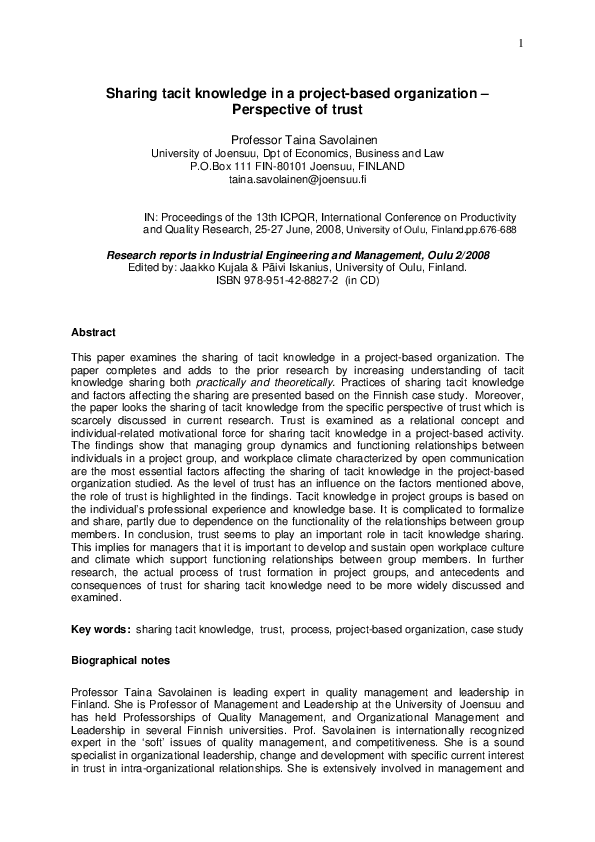 (PDF) Sharing tacit knowledge in a project-based organization: Perspective of trust