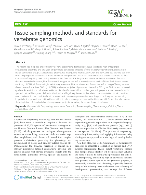 (PDF) Tissue sampling methods and standards for vertebrate genomics