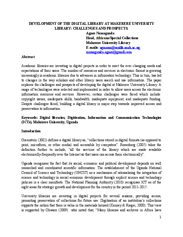 (DOC) DEVELOPMENT OF THE DIGITAL LIBRARY AT MAKERERE UNIVERSITYLIBRARY ...