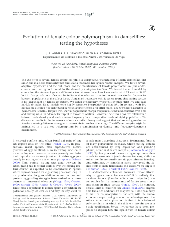(PDF) Evolution of female colour polymorphism in damselflies: testing ...
