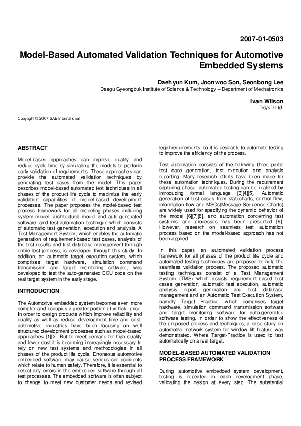 Pdf Model Based Automated Validation Techniques For Automotive Embedded Systems
