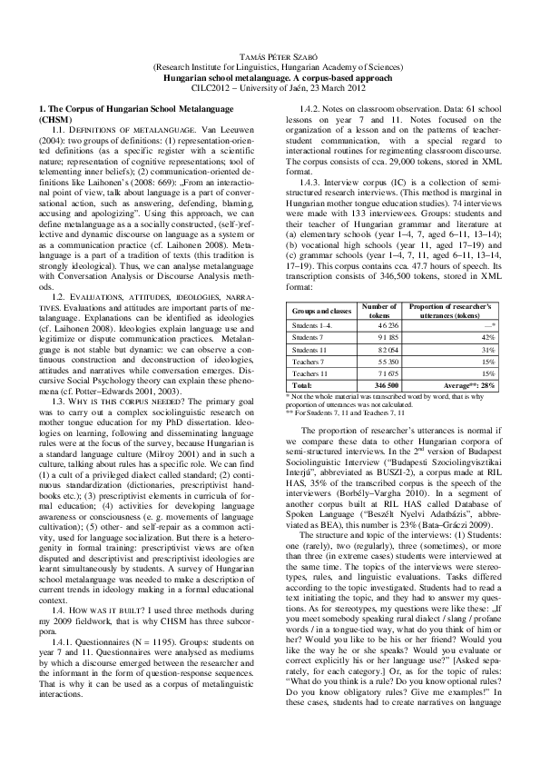 (PDF) Hungarian school metalanguage. A corpus-based approach