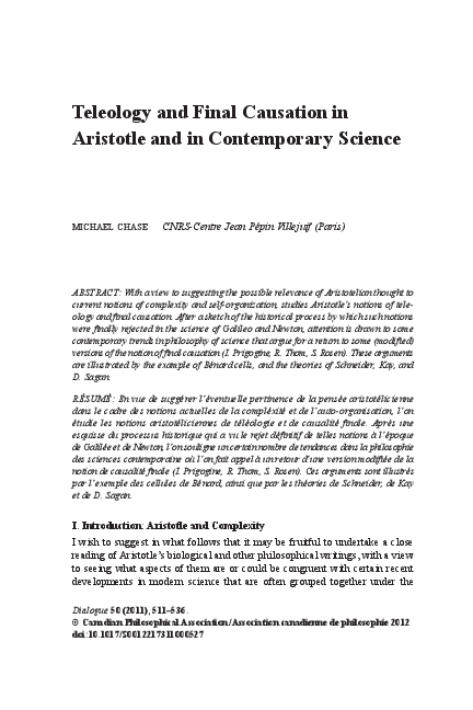 (PDF) Teleology and Final Causation in Aristotle and in Contemporary ...