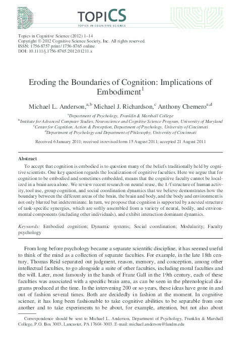 (PDF) Eroding the boundaries of cognition: Implications of embodiment