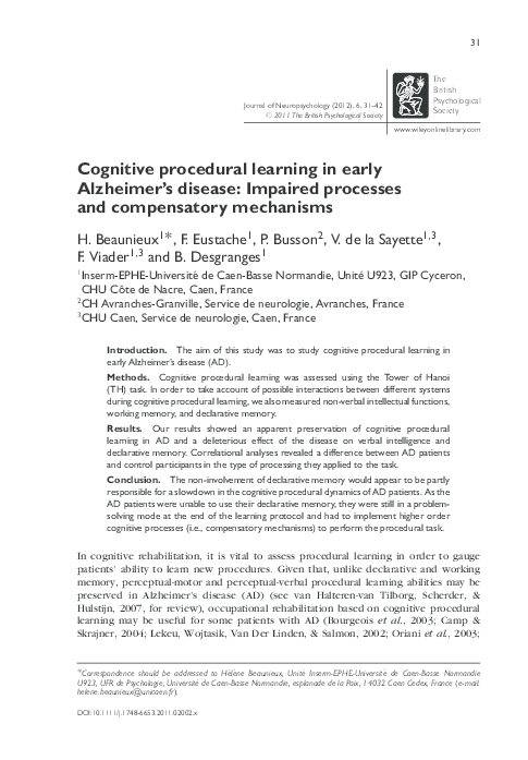 (PDF) Cognitive procedural learning in early Alzheimer’s disease ...