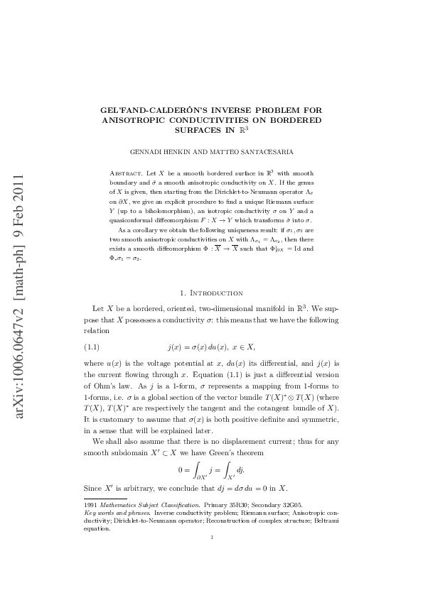 (PDF) Gel'fand-Calder\'on's inverse problem for anisotropic conductivities on bordered surfaces ...