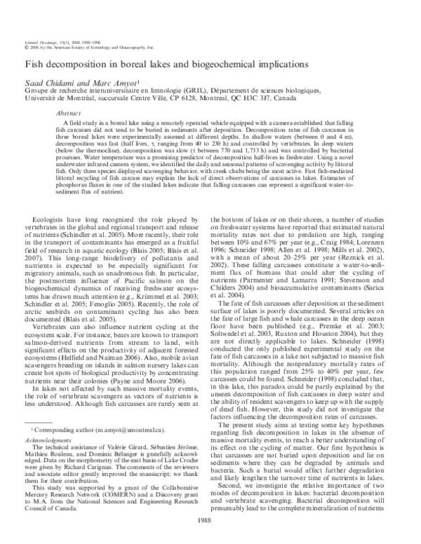 (PDF) Fish decomposition in boreal lakes and biogeochemical implications