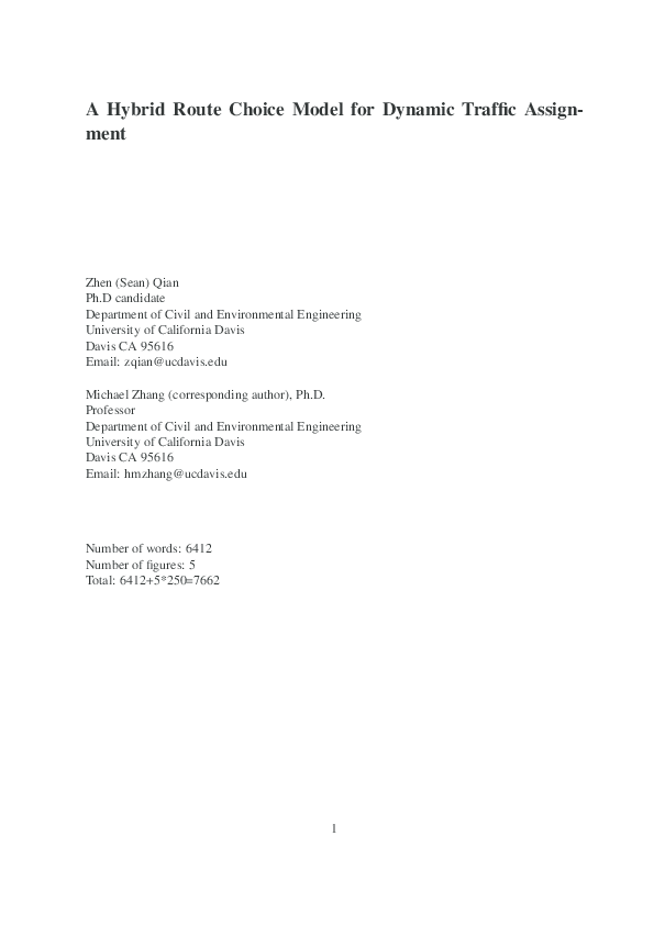 Pdf A Hybrid Route Choice Model For Dynamic Traffic Assignment Sean Qian