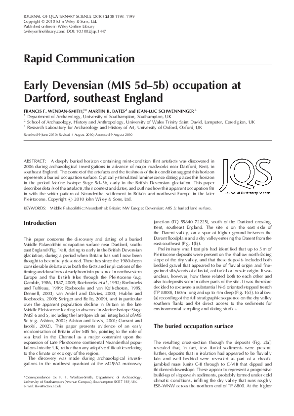 (PDF) Early Devensian (MIS 5d-5b) occupation at Dartford, southeast England