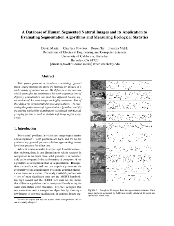 Pdf A Database Of Human Segmented Natural Images And Its Application To Evaluating