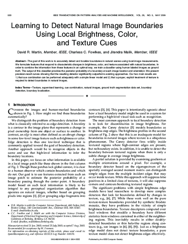 Learning To Detect Natural Image Boundaries Using Local Brightness Color And Texture Cues