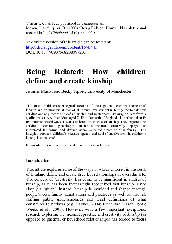 (PDF) Being Related: how children define and create kinship.