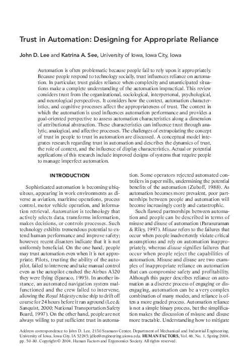 (PDF) Trust In Automation: Designing for Appropriate Reliance