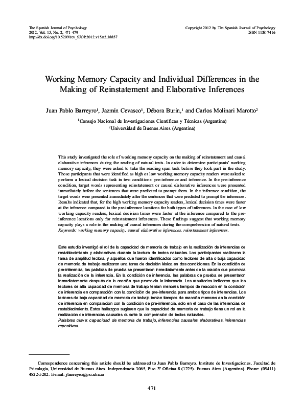 (PDF) Working memory and reinstatement and elaborative inferences