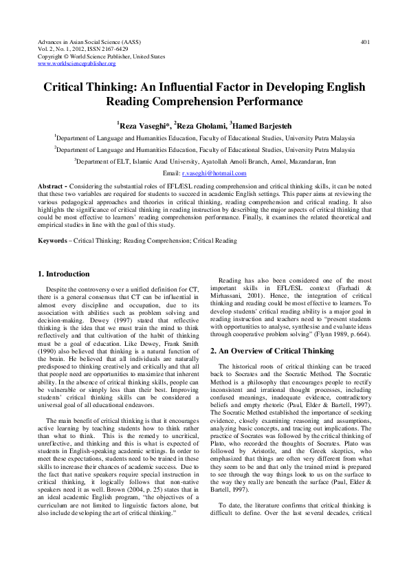 (PDF) Critical Thinking An Influential Factor in Developing English Reading Comprehension ...
