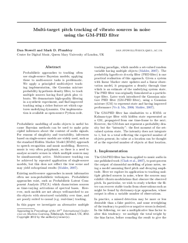 (PDF) Multi-target pitch tracking of vibrato sources in noise using the GM-PHD filter