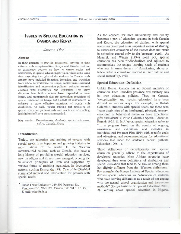 (PDF) Oloo, James A. (2006). Issues in special education in Canada and ...
