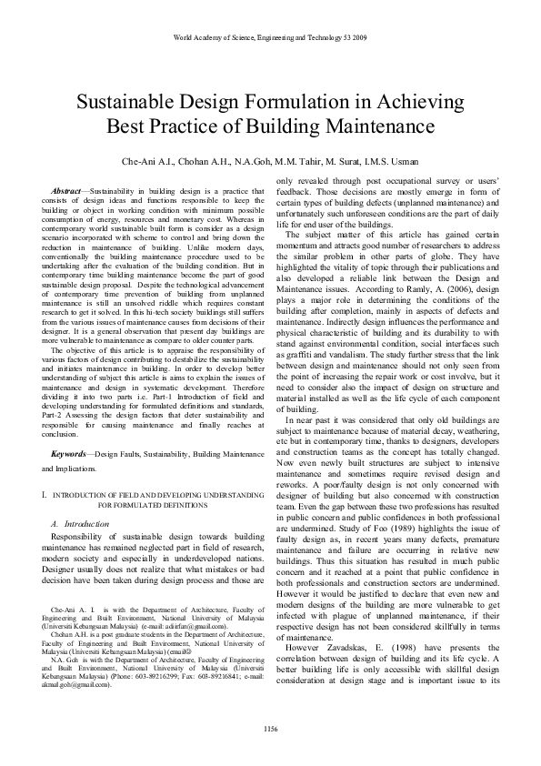 (PDF) Sustainable Design Formulation in Achieving Best Practice of Building Maintenance