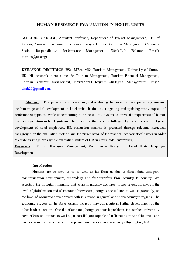 Human Resource Evaluation in Hotel Units