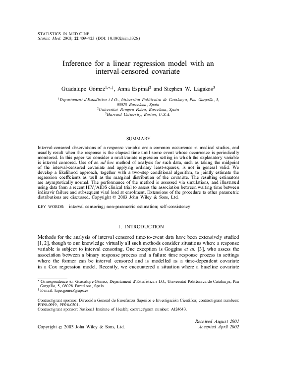 (PDF) Inference for a linear regression model with an interval‐censored covariate