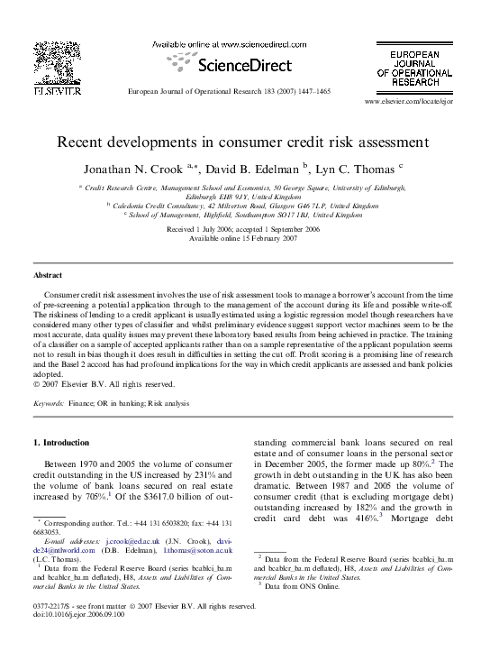 (PDF) Recent developments in consumer credit risk assessment
