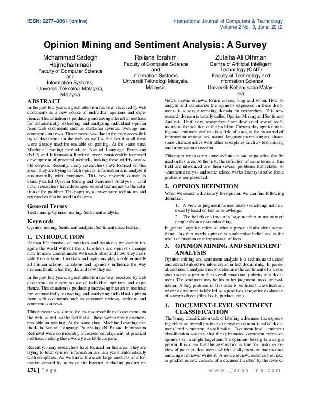 (PDF) Opinion Mining and Sentiment Analysis: A Survey