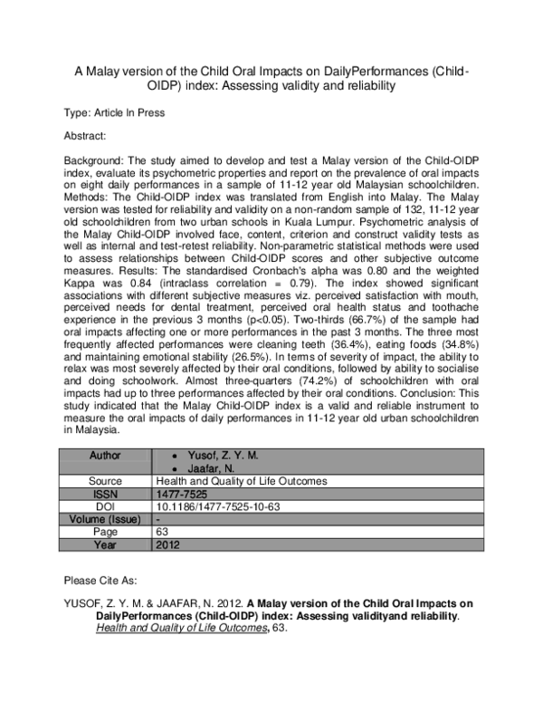(PDF) A Malay version of the Child Oral Impacts on DailyPerformances ...